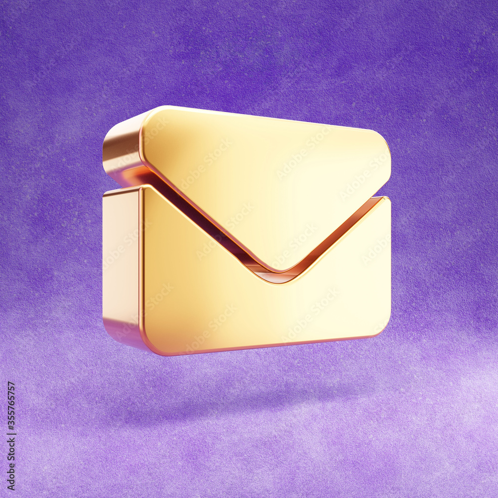 Mail icon. Gold glossy Mail symbol isolated on violet velvet background ...