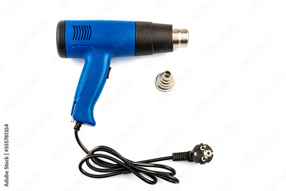 Industrial heat gun. Hot air gun with tips. Isolated on a white ...