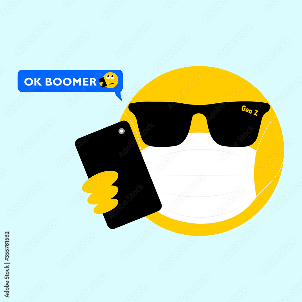 Emoji in sunglasses and face mask texting OK Boomer, generation z ...