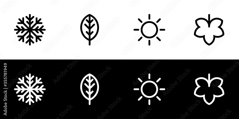 Four seasons icon set. Flat design symbol collection isolated on black ...