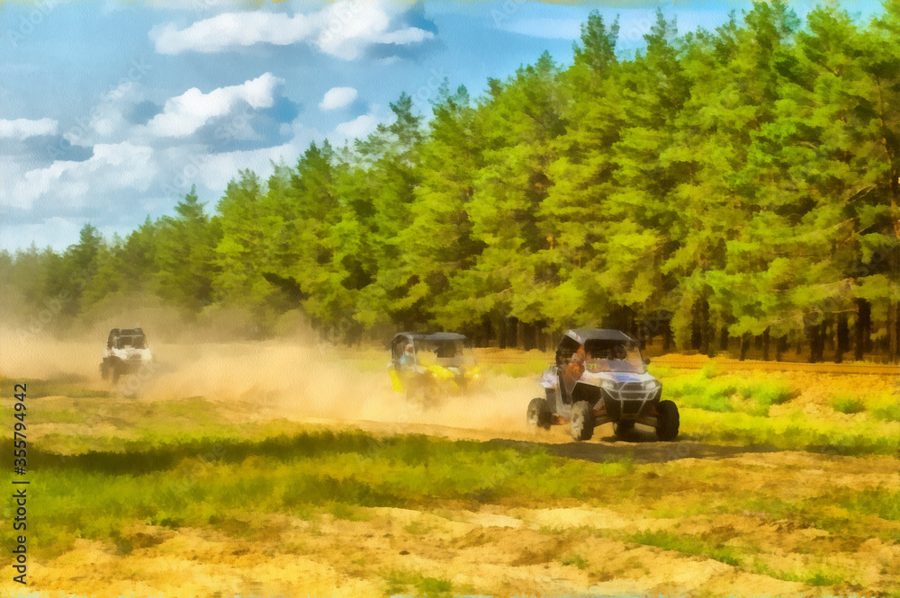Raster watercolor illustration of a buggy race car in motion. Stock ...