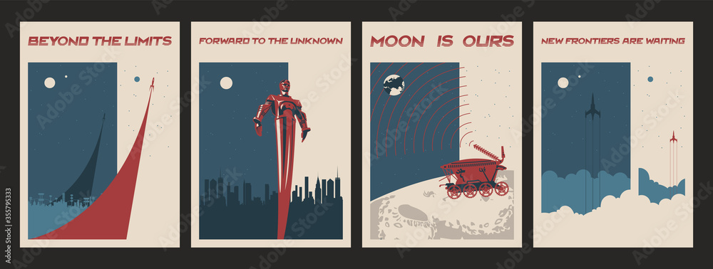 Retro Soviet Space Propaganda Poster Set. Moonwalker, Rockets Launch ...