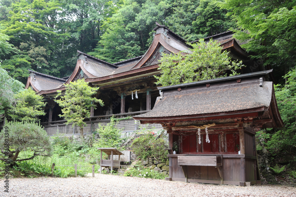 Japanese ancient Shinto shrine in the forest (Yoshino Mikumari Shrine ...