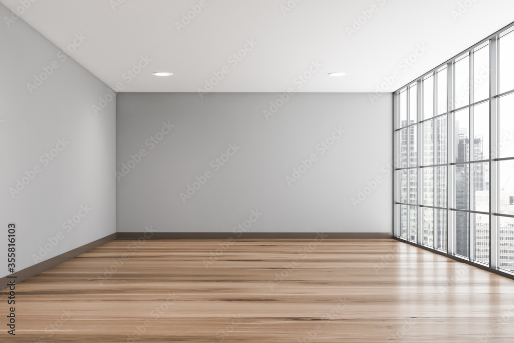 Empty grey panoramic living room interior Stock Photo | Adobe Stock