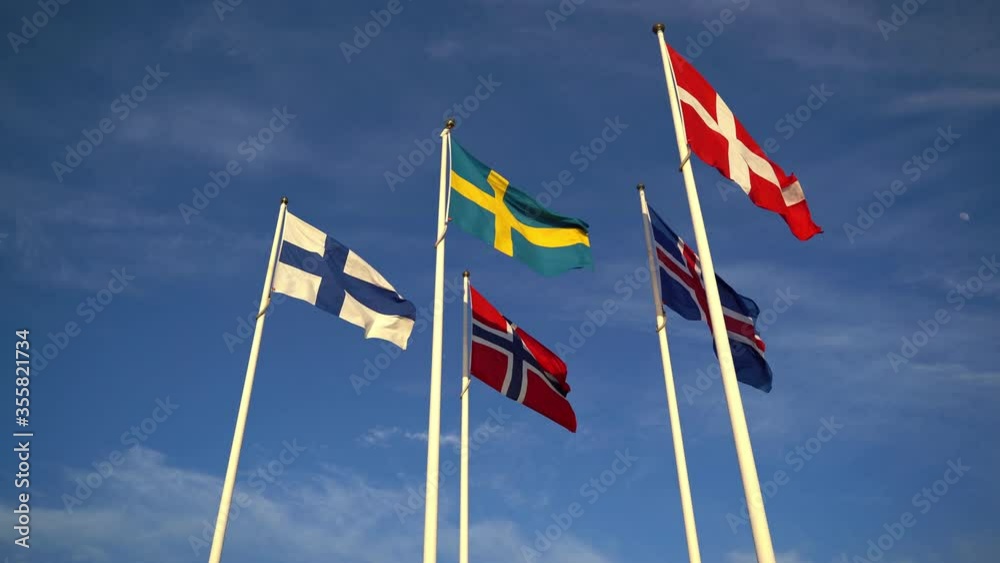 Vidéo Stock Static shot of scandinavian union flags, swedish, danish ...