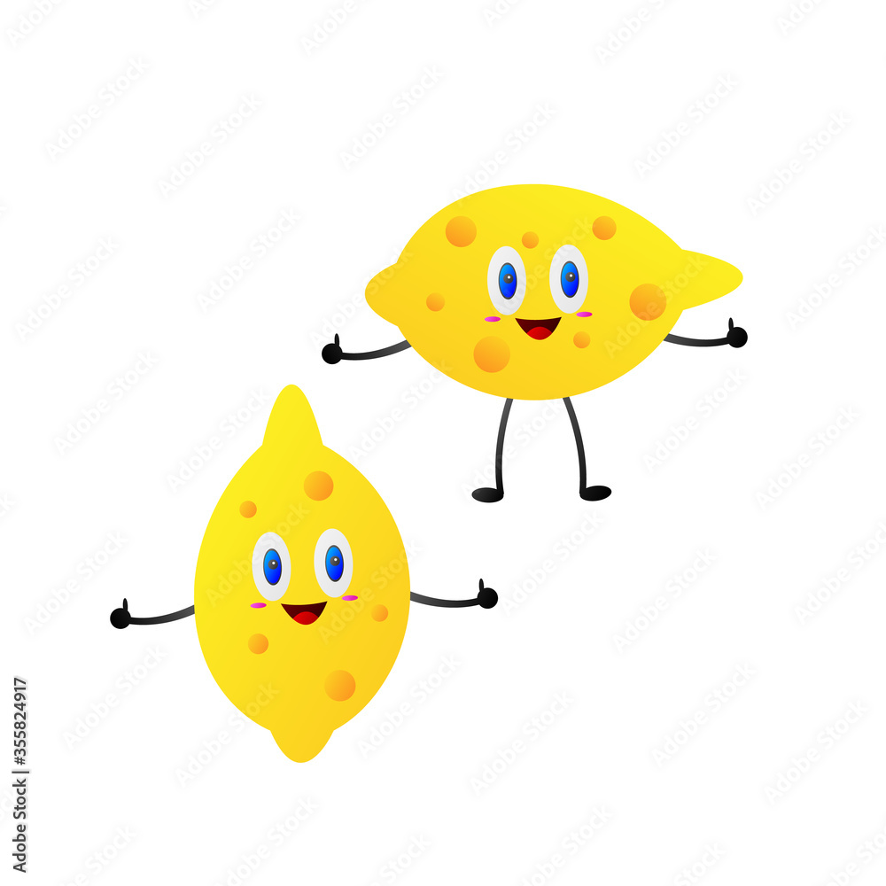 Lemon set of cartoon characters of tropical fruits with bright blue ...