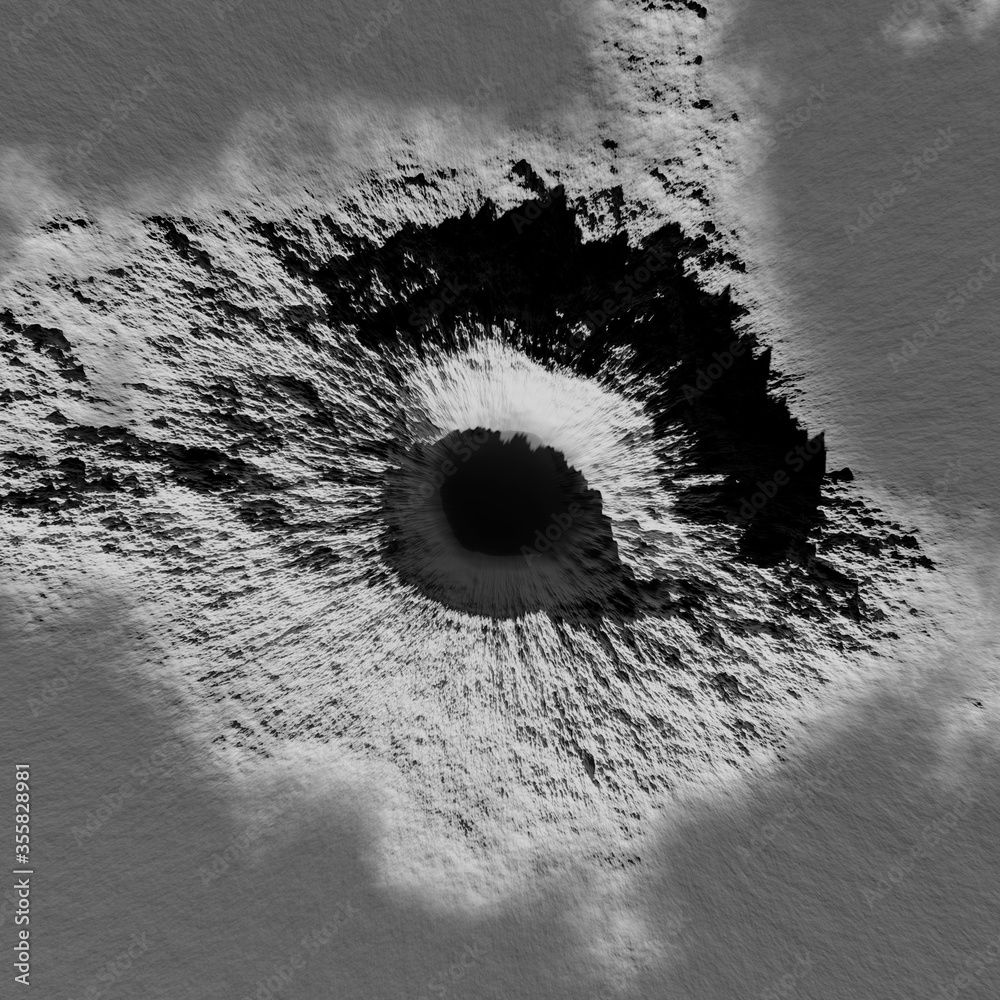 3d rendering. A meteorite crater on the surface of a satellite, moon or ...