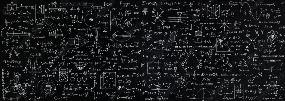 Wide blackboard inscribed with scientific formulas and calculations in ...
