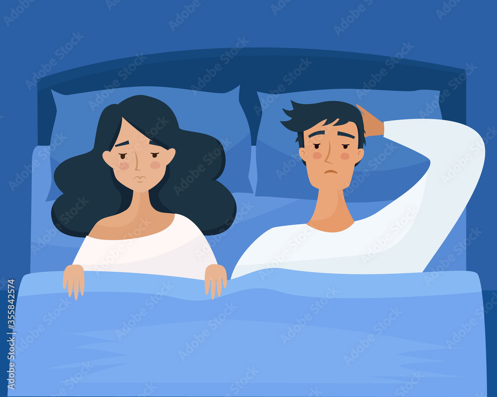 Sleepless man and woman suffers from insomnia. People in bed with open ...