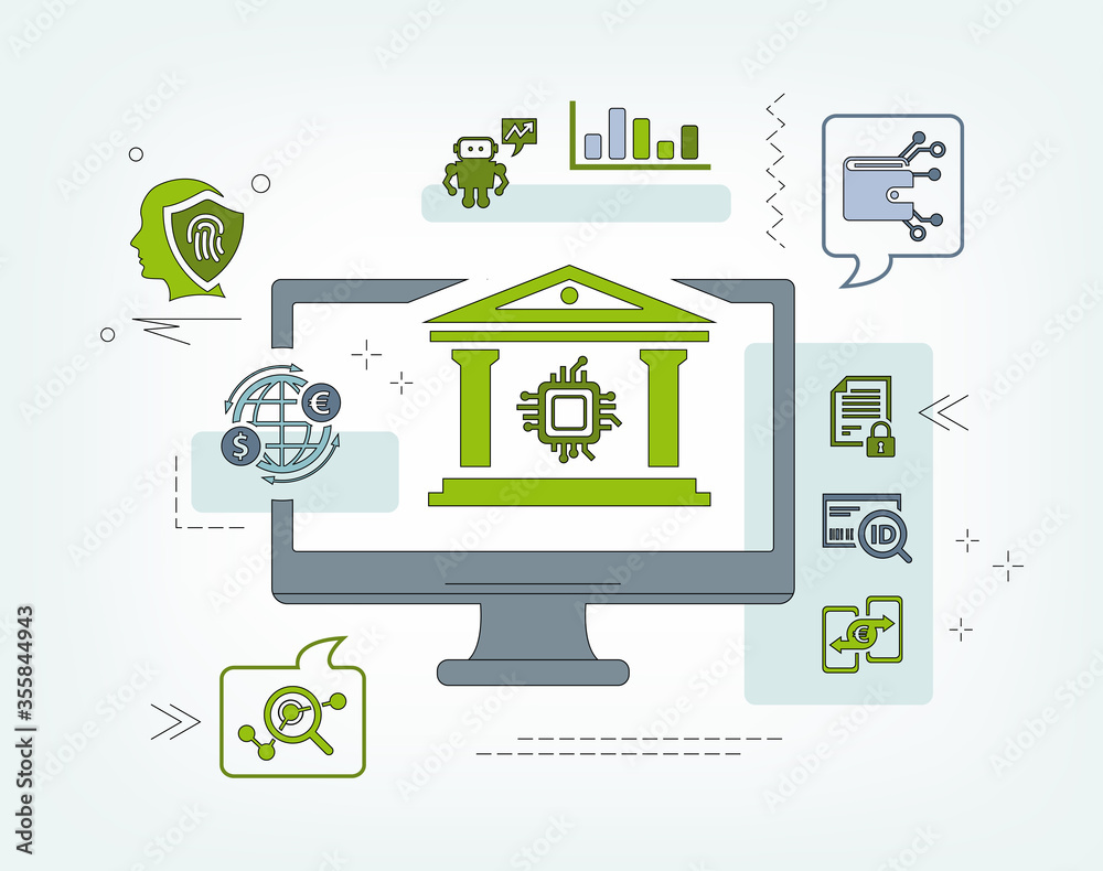 fintech vector illustration. Concept with connected icons related to ...