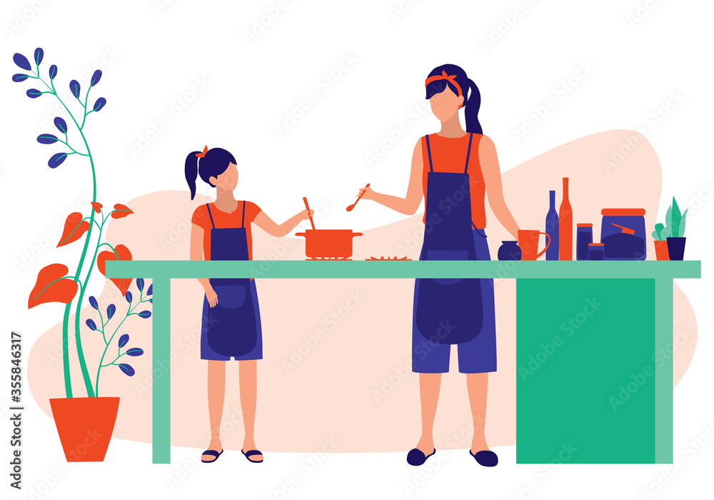 Mother And Daughter Cooking. Young Parent teaching Kids How To Cook ...