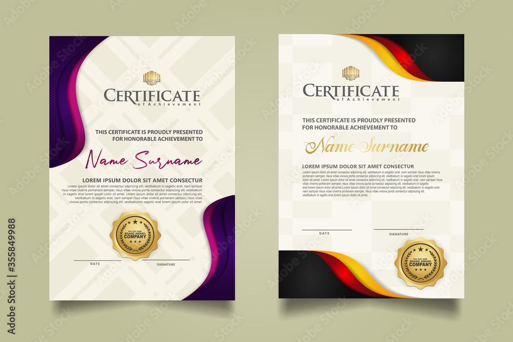 set vertical certificate template with flow lines ornament and modern ...