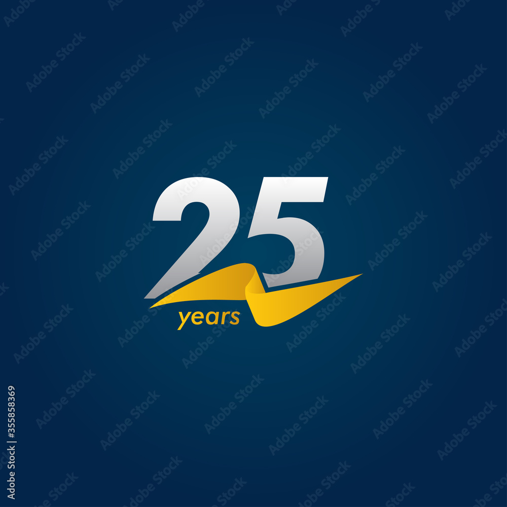 25 Years Anniversary Celebration White Blue and Yellow Ribbon Vector ...