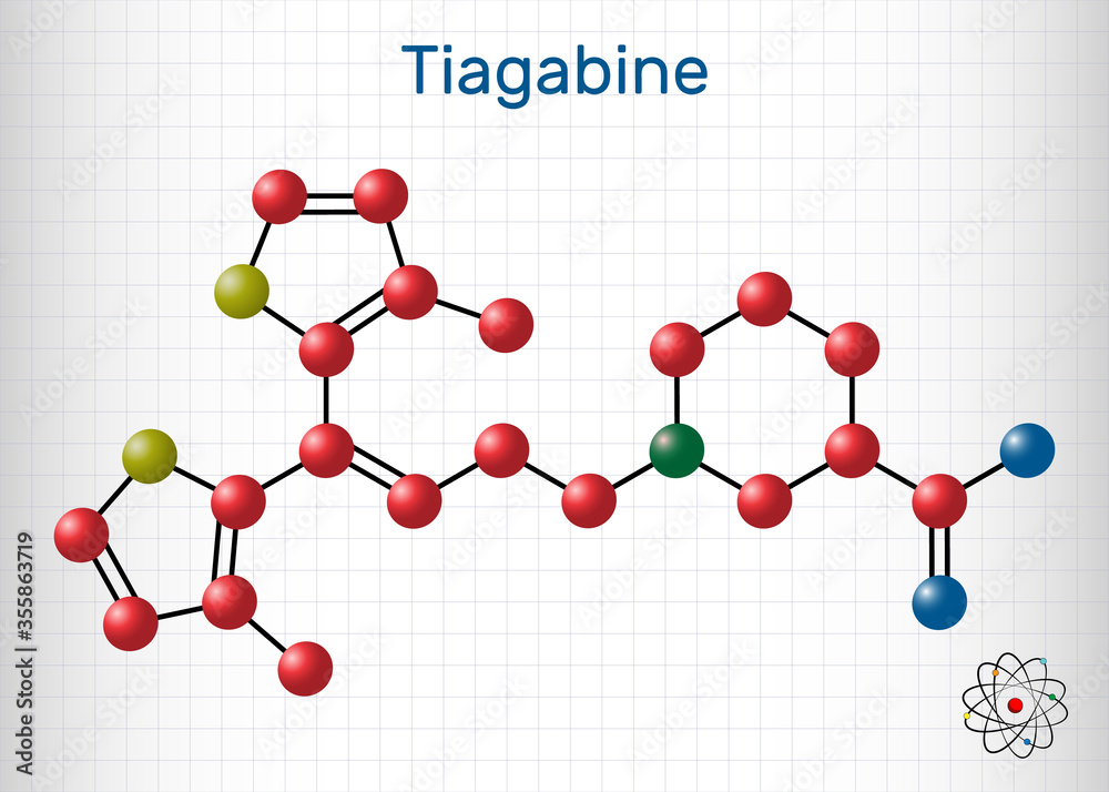 Tiagabine, C20H25NO2S2 molecule. It is anticonvulsant medication, is ...