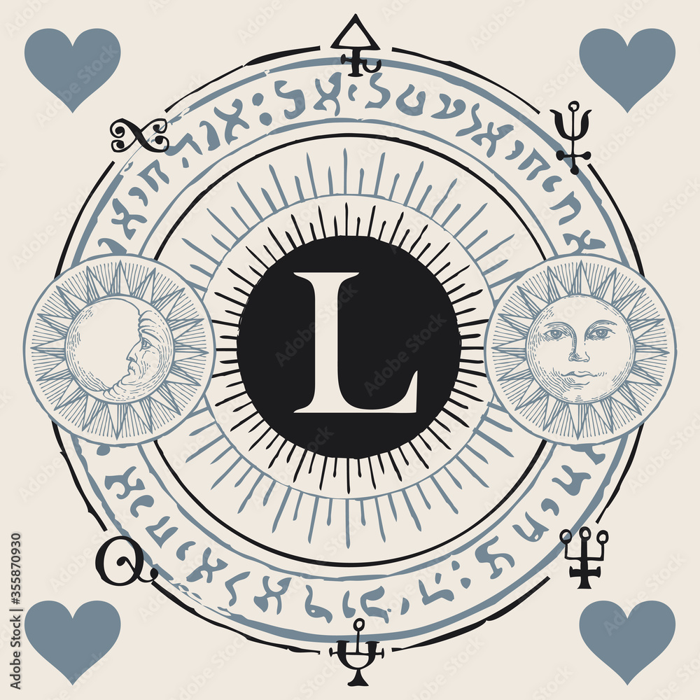 Letter L in the framing of scribbles imitating ancient hieroglyphs ...