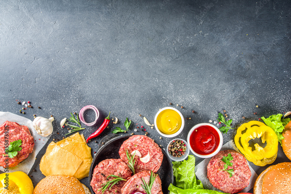 Cooking burger background. Set various cheeseburger and beefburger ...
