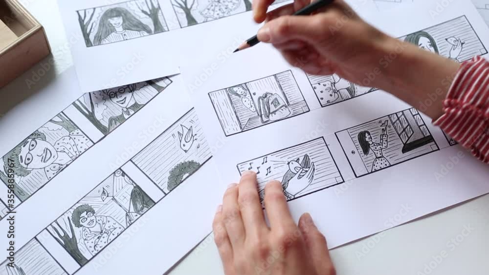 Artist illustrator draws a storyboard for the film. The animator ...