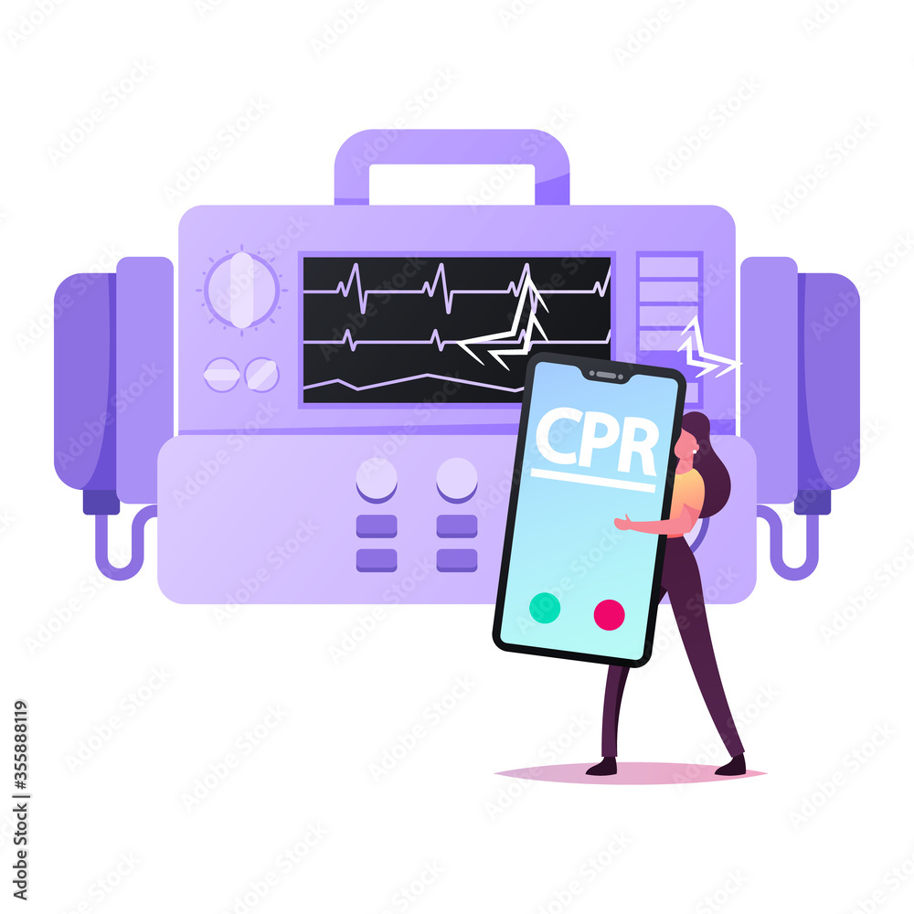 Tiny Female Character Holding Huge Smartphone Call CPR Emergency ...