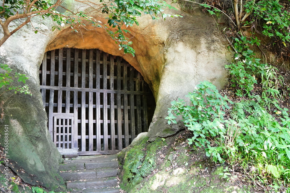 Japanese old rock prison at Kousoku-ji Temple at Kamakura japan. The ...