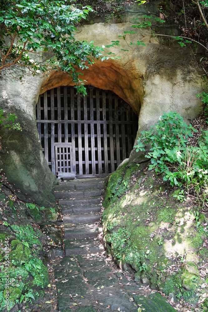 Japanese old rock prison at Kousoku-ji Temple at Kamakura japan. The ...
