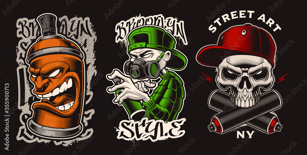 Set of vector illustrations with graffiti characters. Designs for ...