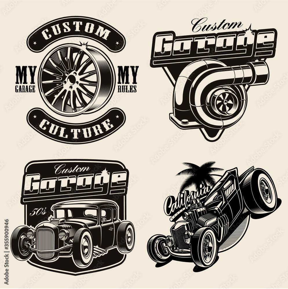 Set of hot-rod themed vector illustrations for logos, apparel, posters ...