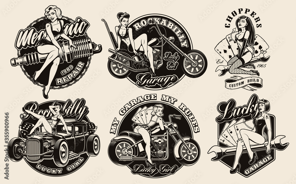 Set of vintage pin-up girls for apparel, logos, posters, and many other ...