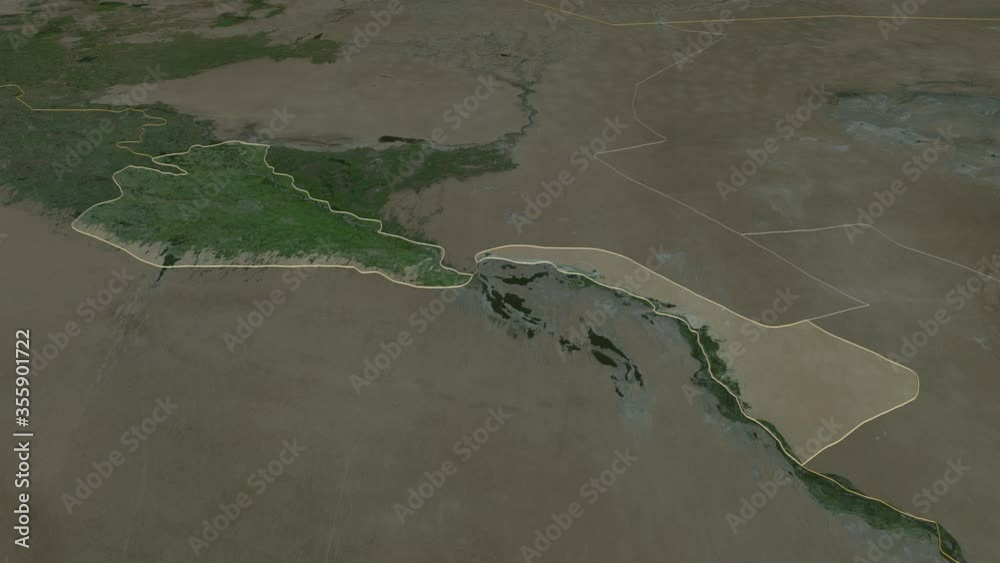 Khorezm, region with its capital, zoomed and extruded on the satellite ...