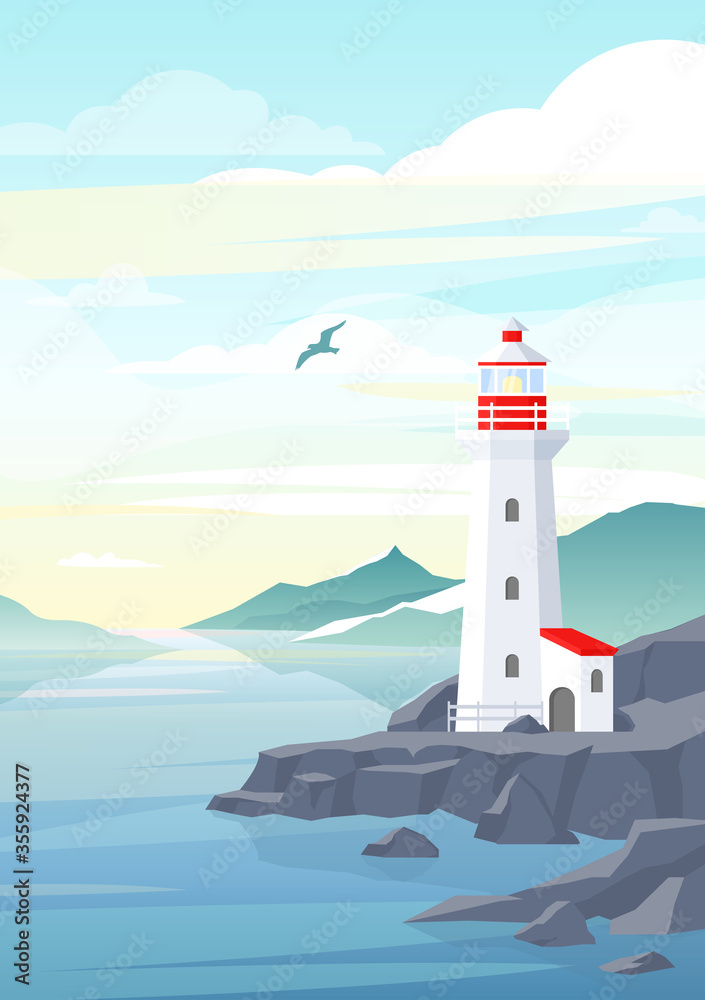Vector illustration of lighthouse on rock stones island landscape. Blue ...