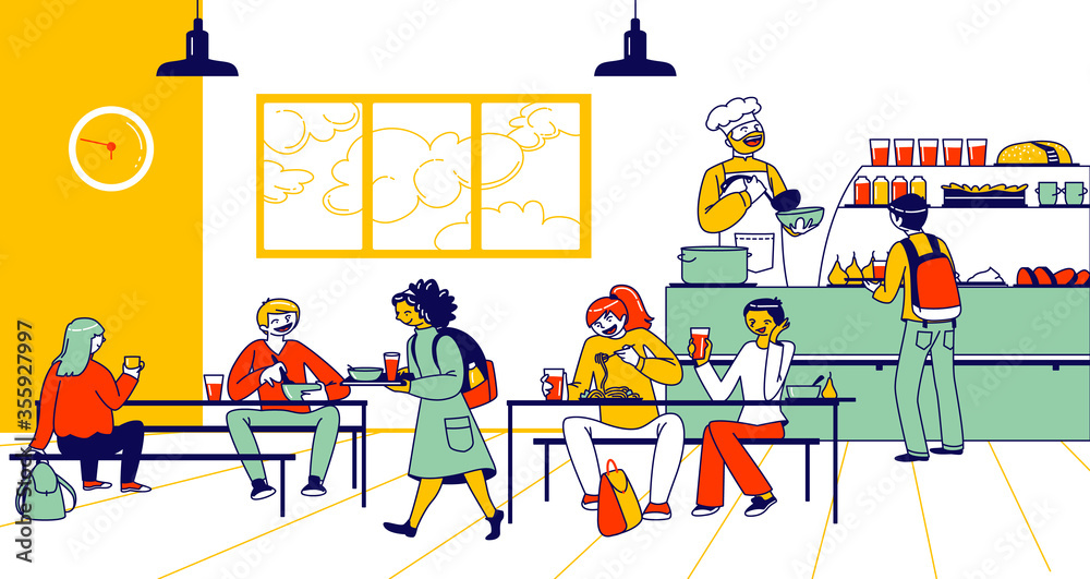 Children Eat in School Cafe. Cafeteria Interior with Tables and Chairs ...