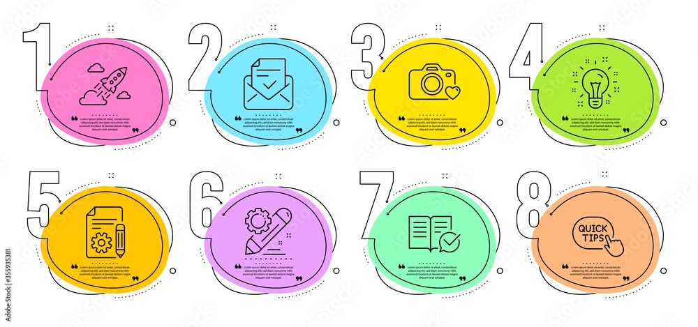 Documentation, Photo camera and Project edit signs. Timeline steps ...