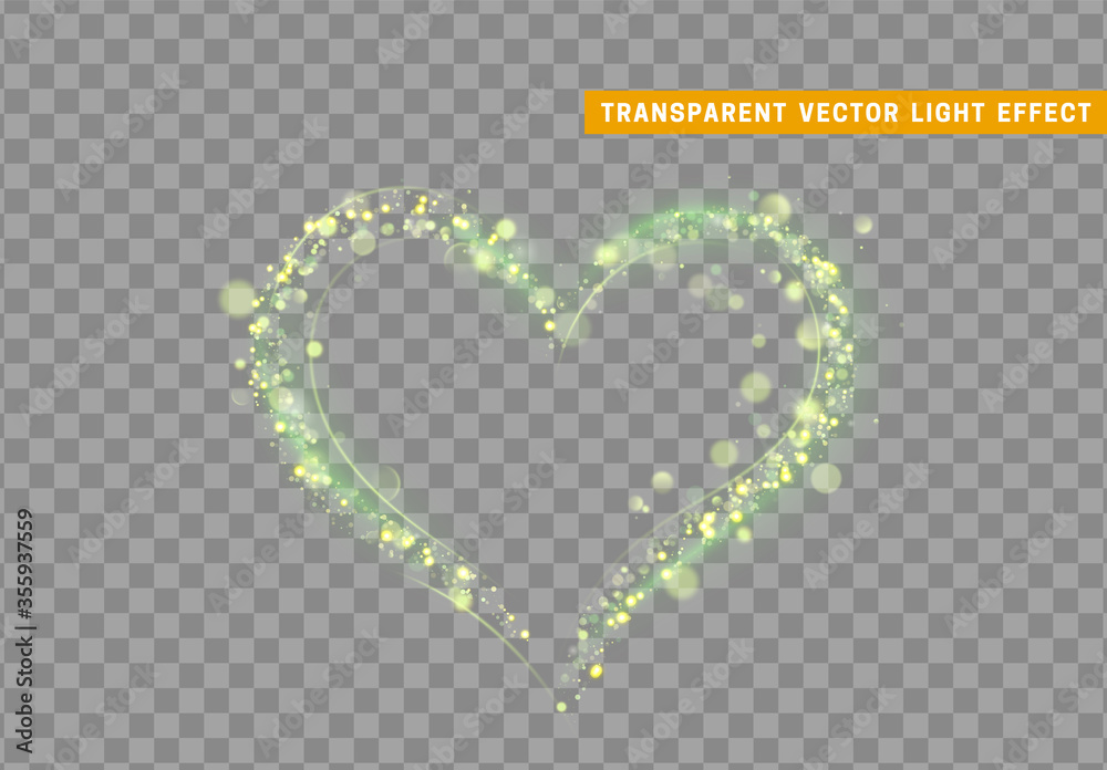Shape heart. Magic light effect. Stardust green glitter. Sparkle star ...