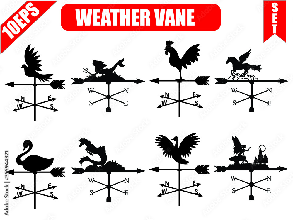 Weather vane silhouette, set icons. Windvane, weathervane symbol or logo. Vintage vector ...