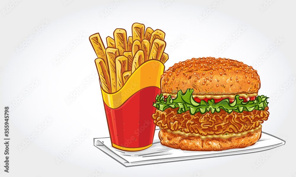 Hand drawn vector illustration of a crispy fried chicken burger with ...