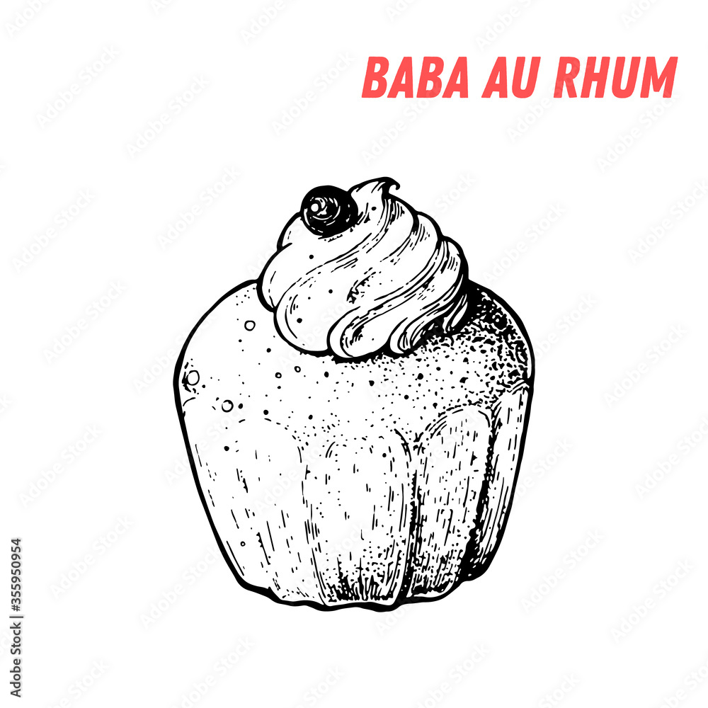 French dessert baba au rhum sketch. French pastries . Food menu design ...