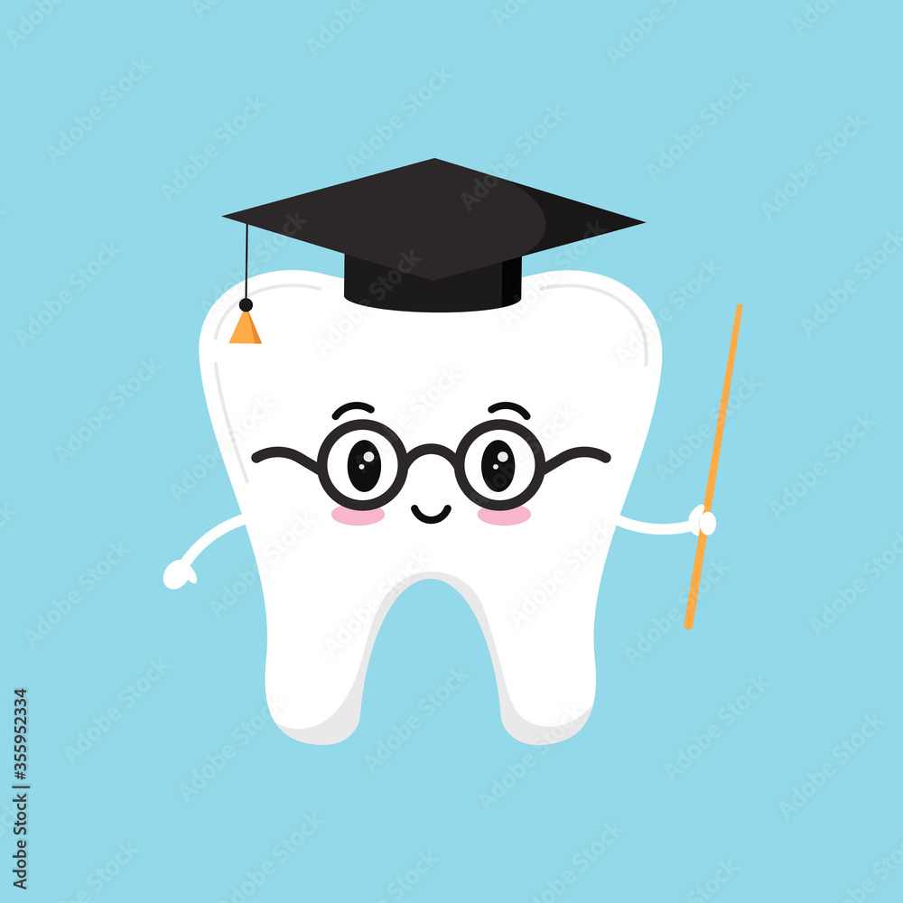 Happy wisdom tooth in glasses with pointer and black graduate hat ...