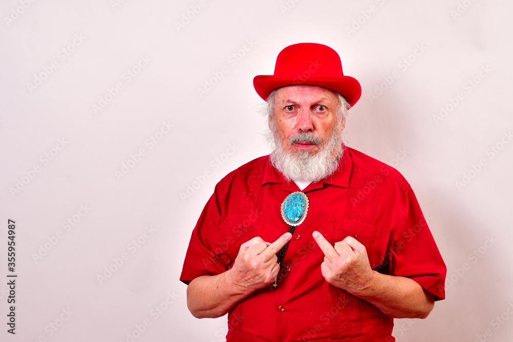 Angry old man giving the middle finger with both hands..Old hipster ...