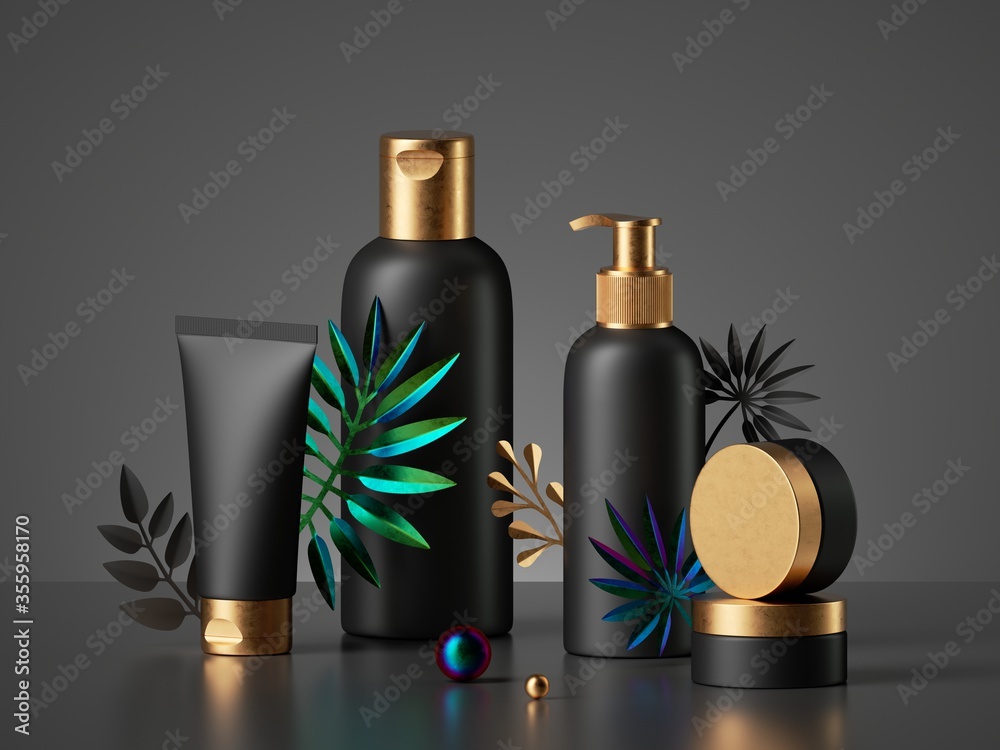 3d rendering, cosmetics products poster ad. Black cosmetic bottles with golden caps isolated on ...