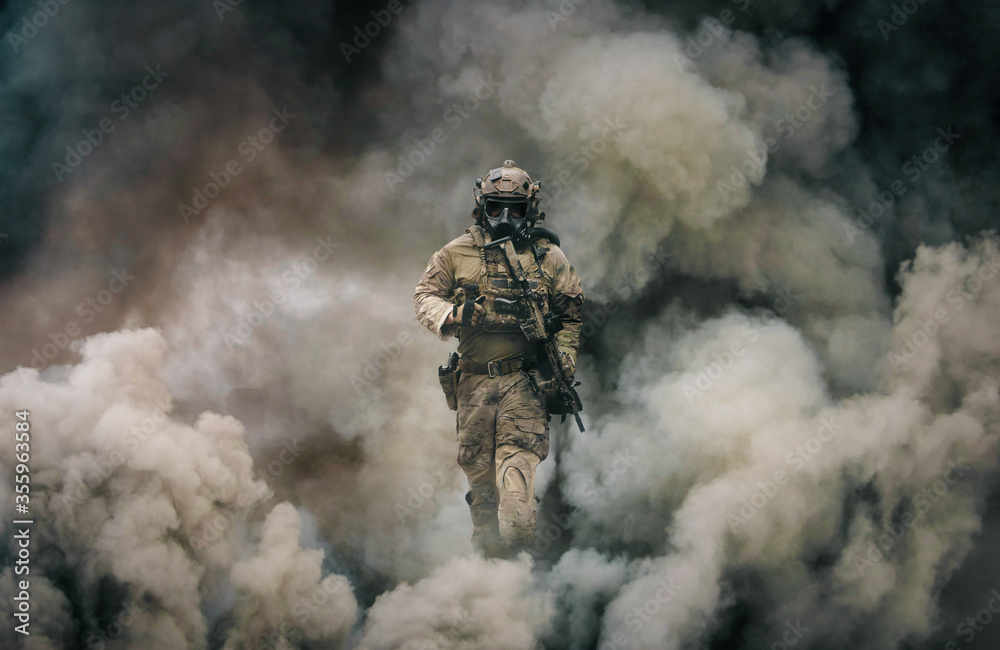 Swat forces with gas mask between smoke and gas in battle field Stock ...
