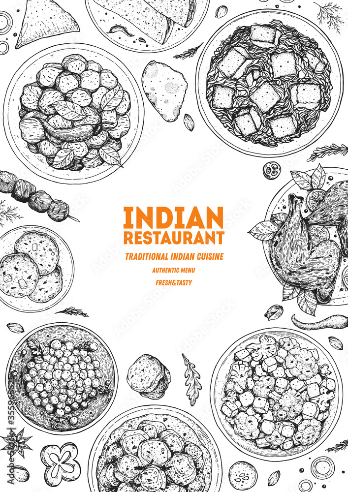 Indian food illustration. Hand drawn sketch. Indian cuisine. Doodle ...