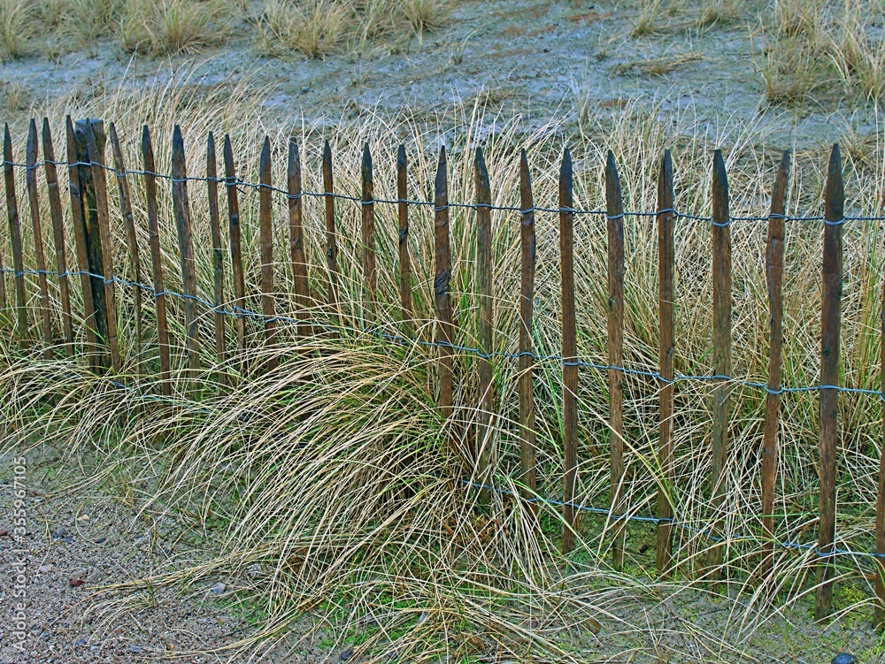 A weathered fence on a rainy day, built from irregular round wooden ...