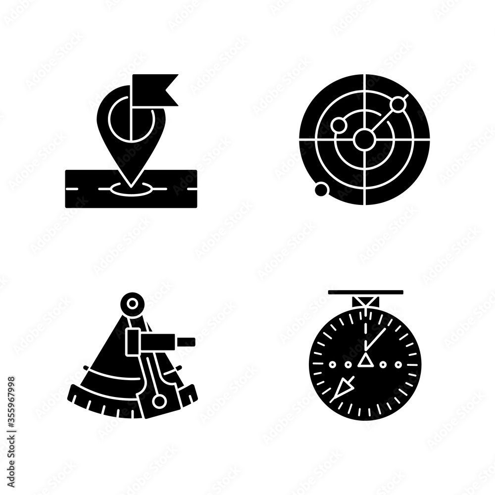 Navigation black glyph icons set on white space. Navigation in sea, sky ...