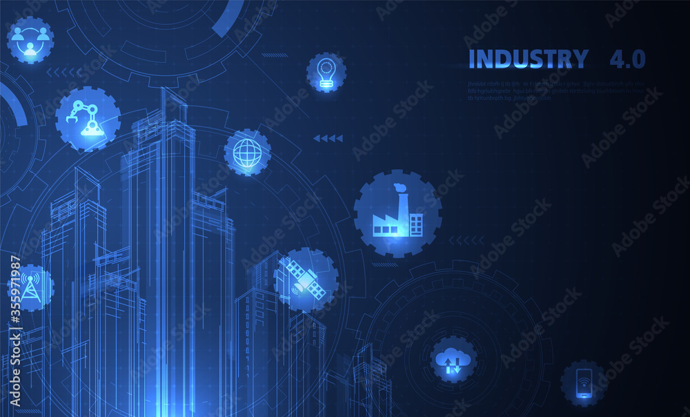 Fourth industrial revolution on futuristic hud with world map globe ...