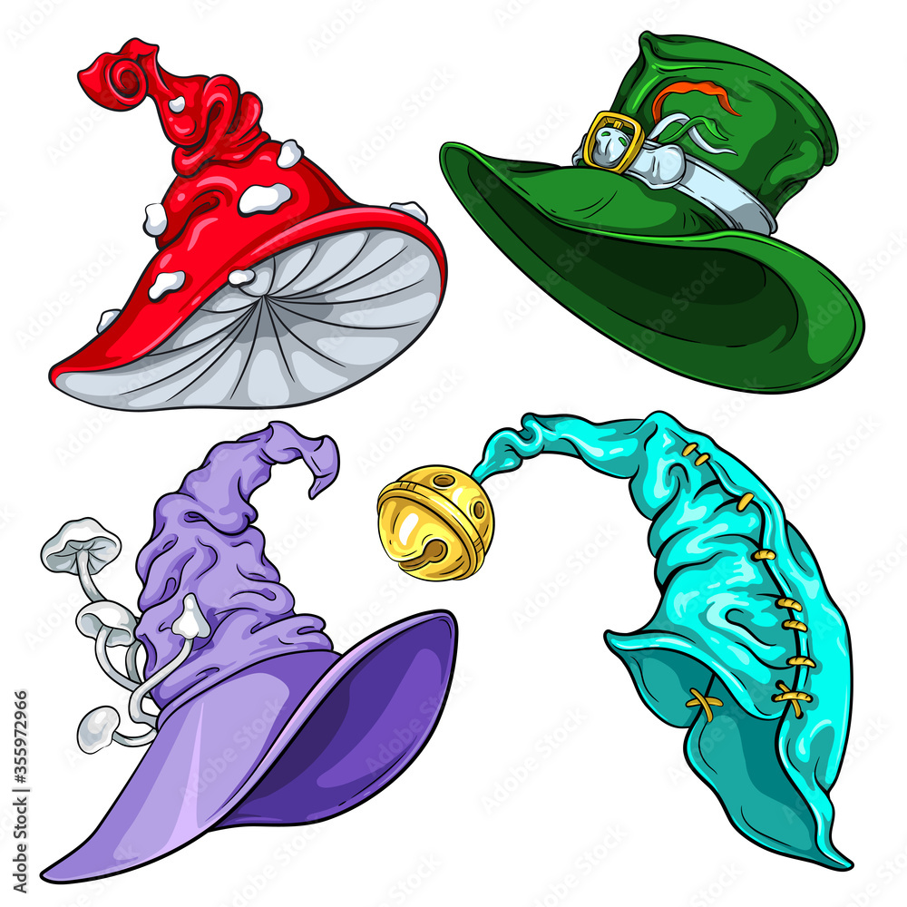 Fairytale hats vector illustration set. Colored and line art versions ...