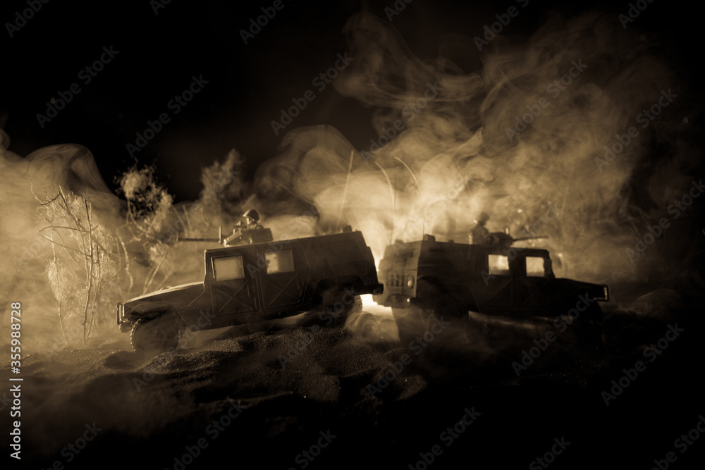 War Concept. Battle scene on war fog sky background, Fighting ...