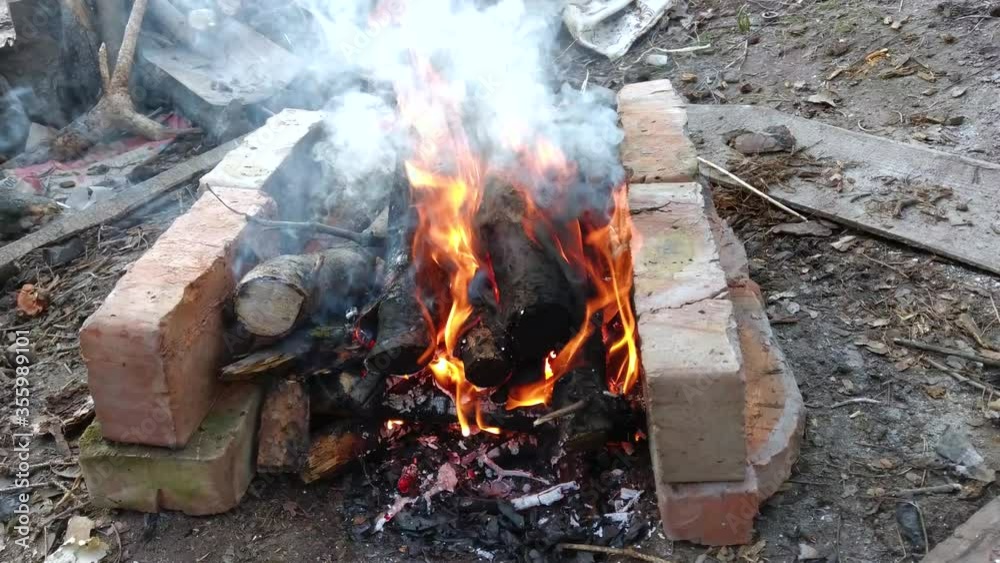 Backdrop of the fire flame and ashes. Bonfire fire texture on wild ...