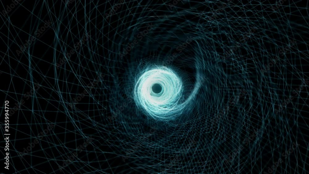 3D rendering graphic fantasy effect wire-frame spin form to black hole ...