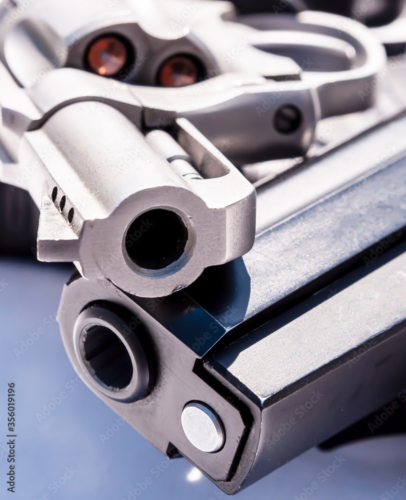 Two handgun muzzles, a 357 magnum revolver on top of a 40 caliber ...