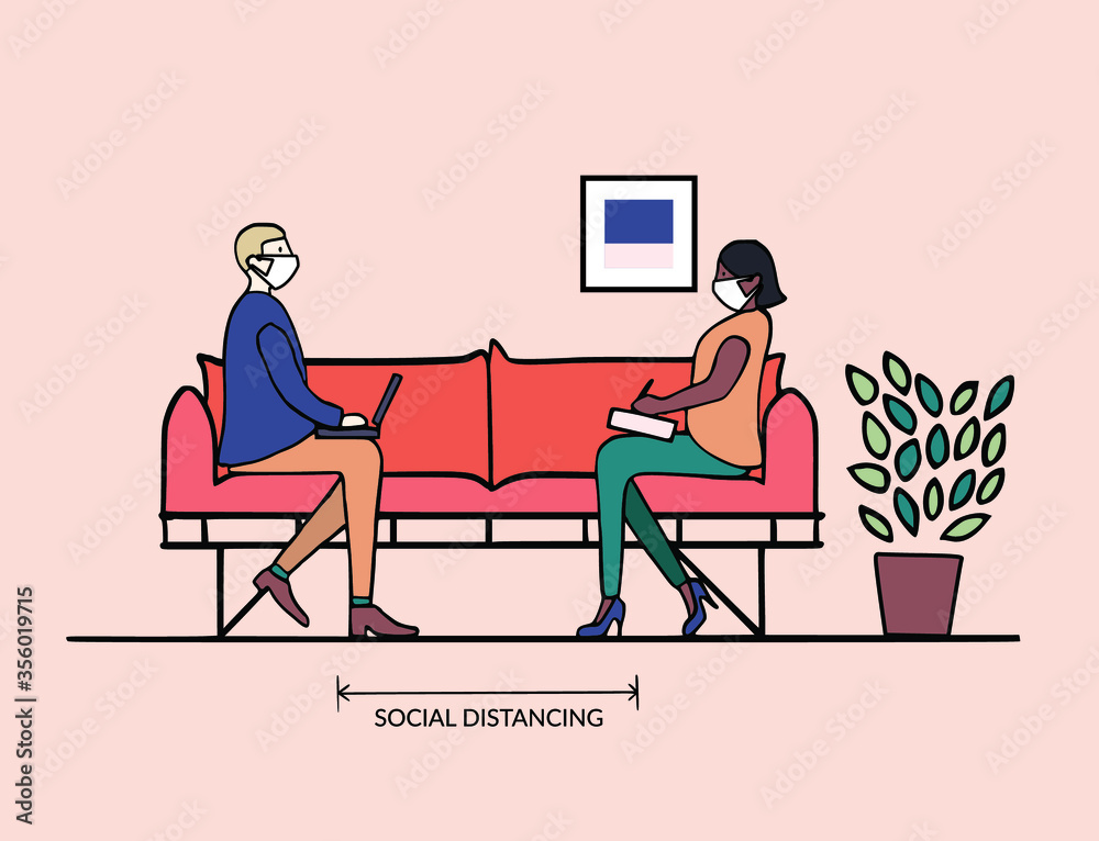 Social distancing at office workplace lounge cafe pantry area. Man and ...