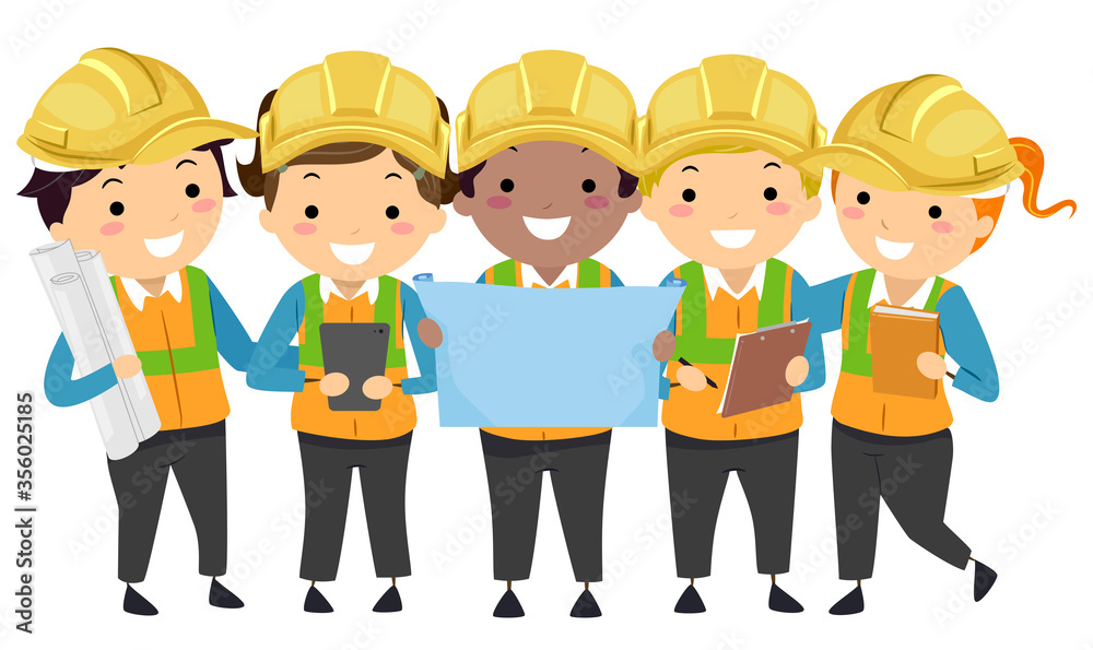 Stickman Kids Engineers Hard Hats Illustration Stock Vector | Adobe Stock